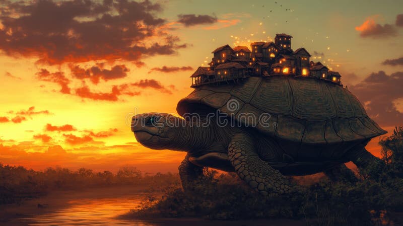 Turtle Carrying a Small House on Its Shell in a Natural Outdoor Setting ...