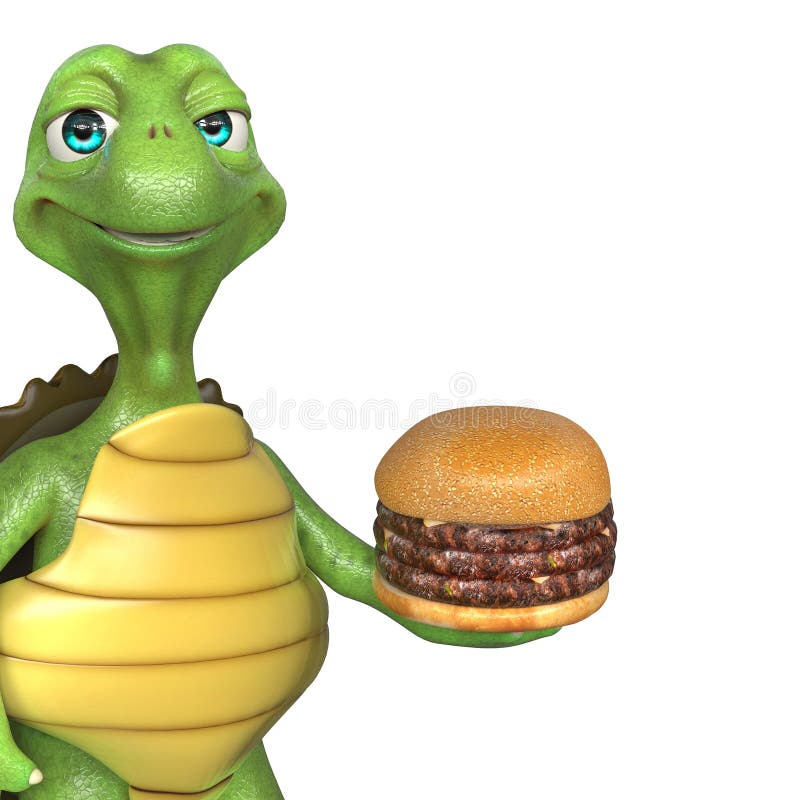 Turtle Cartoon is Holding a Triple Burger Close Up Stock Illustration ...
