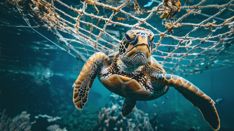 Turtle Caught in Fishing Net Stock Illustration - Illustration of coral ...