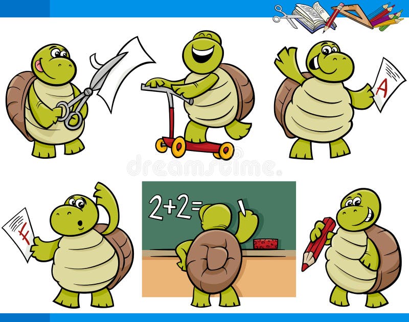 Turtle Character Student Cartoon Set Stock Vector - Illustration of ...