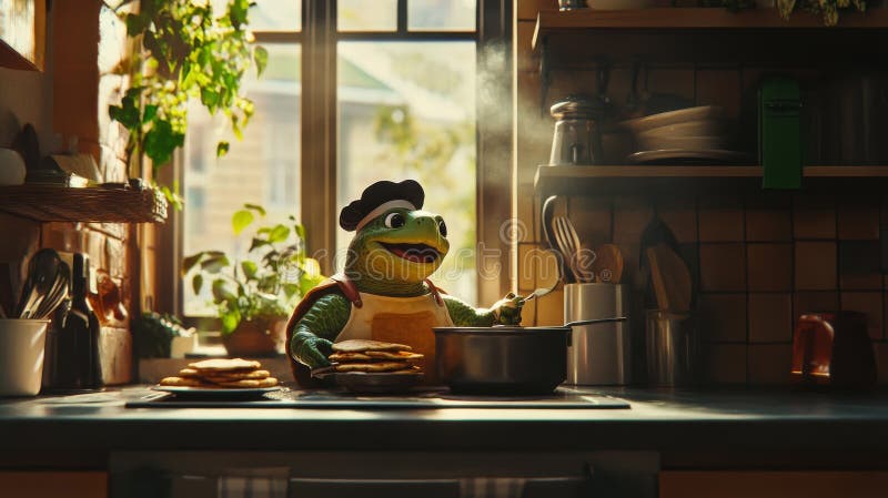 A Turtle Chef, Full of Cheer, Flips Pancakes in a Kitchen Bathed in ...