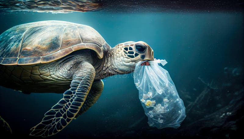 Turtle Collects Plastic Trash in the Ocean. Generative AI, Generative ...