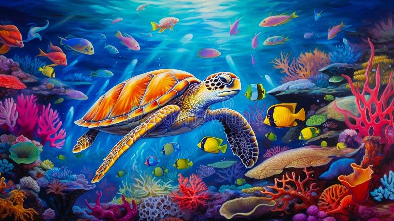 Turtle and Coral Reef in the Sea Stock Illustration - Illustration of ...
