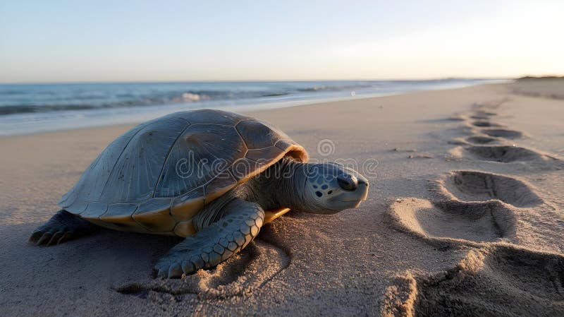A Turtle is Crawling in Beach Sand Showing Some Footprints Also from ...