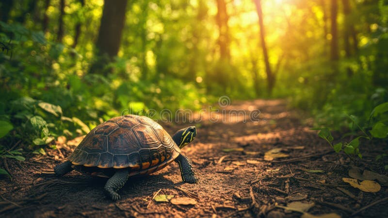 Turtle Crawling Slowly Along a Forest Path Surrounded by Vibrant Green ...