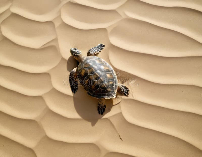 A Turtle is Crawling on Undulating Sand Dunes. Its Shell Features a ...