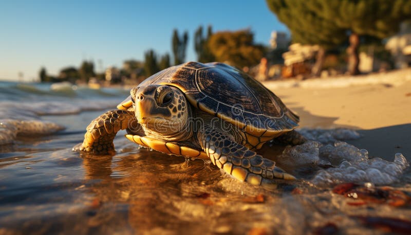 Turtle Crawls on Sand, Slow and Cute, Enjoying Summer Generated by AI ...