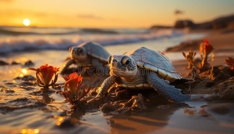 Turtle Crawls on Sand, Sunset Paints Nature Generated by AI Stock Photo ...