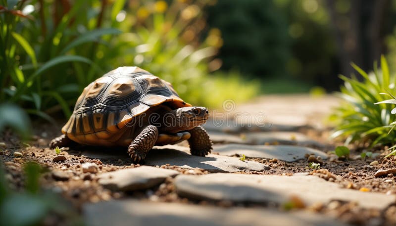 Turtle Crossing a Stone Path in a Natural Setting Stock Illustration ...