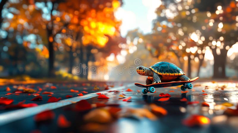 A Turtle Cruises on a Skateboard Down a Path Lined with Fall Leaves ...
