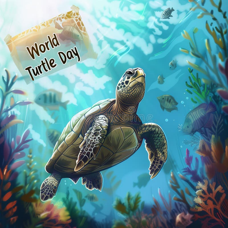 Turtle in the Depths of the Sea for World Turtle Day Stock Illustration ...