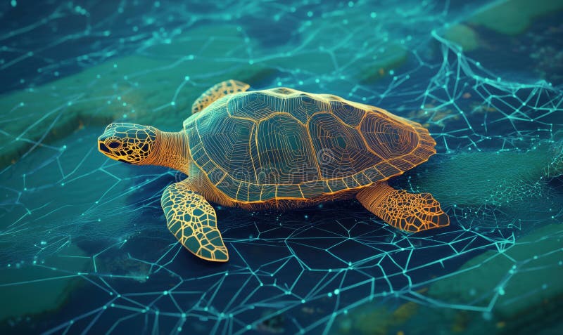 Turtle in Digital Ocean Environment, Geometric Lines, Vibrant Colors ...