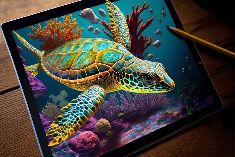 Turtle on a Digital Tablet in the Sea with Corals. Stock Photo - Image ...