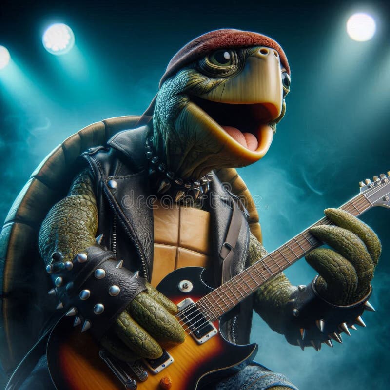 A Turtle Dressed As a Rock Star Playing an Electric Guitar on Stage ...