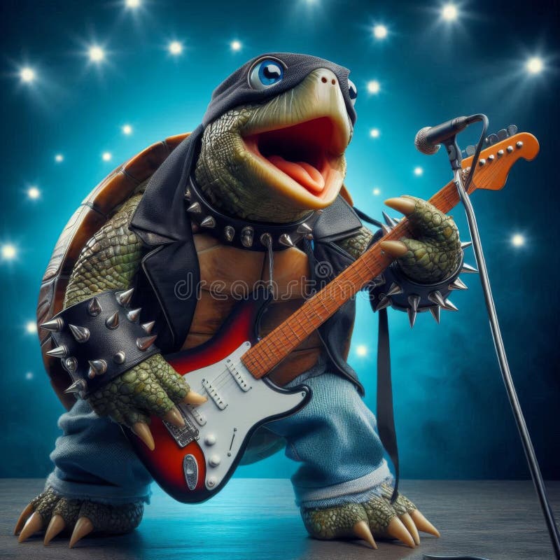 A Turtle Dressed As a Rock Star Playing an Electric Guitar on Stage ...