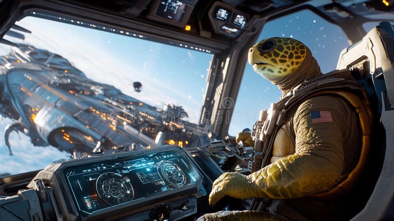 Space Turtle Pilot Navigates Spaceship in Futuristic Environment Filled ...