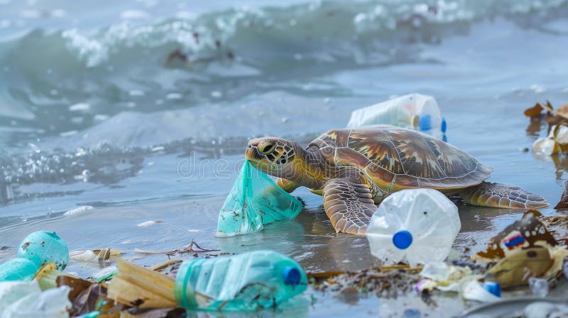 Turtle Eat Plastic Bag and Bottle on the Beach, Pollution Garbage in ...