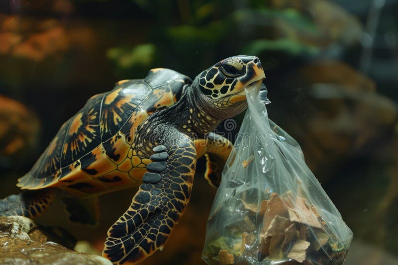 Turtle Eating Plastic Bag with Garbage, Plastic Pollution Stock Image ...