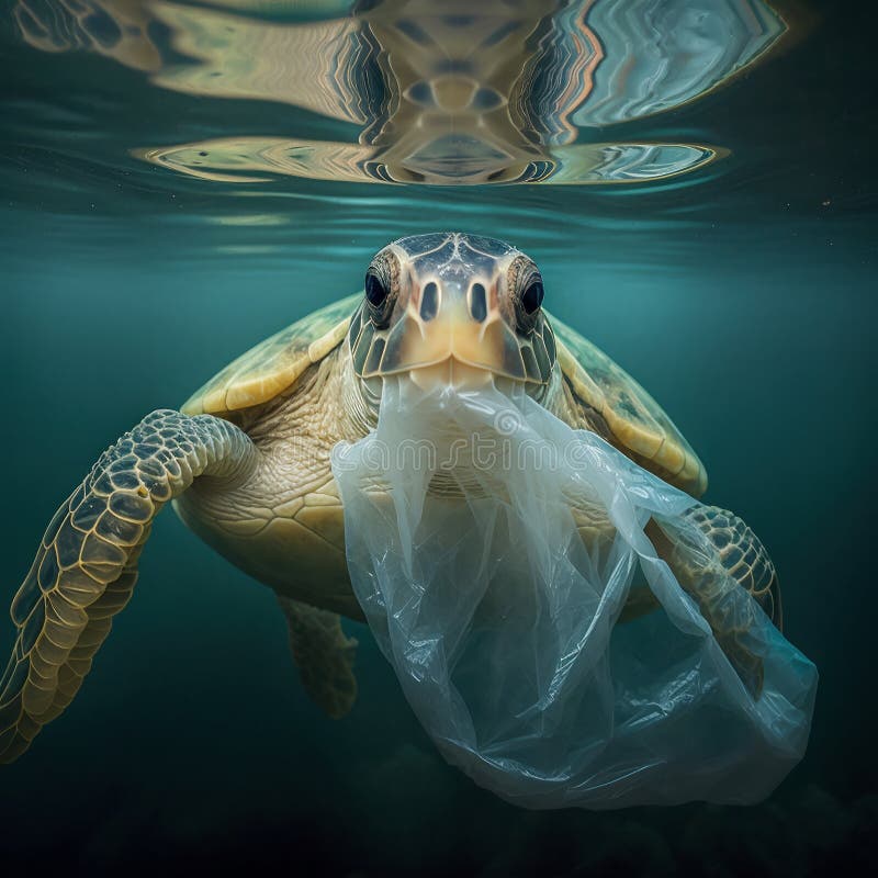 Turtle Eating a Plastic Bag in the Sea. Plastic Pollution in Ocean ...