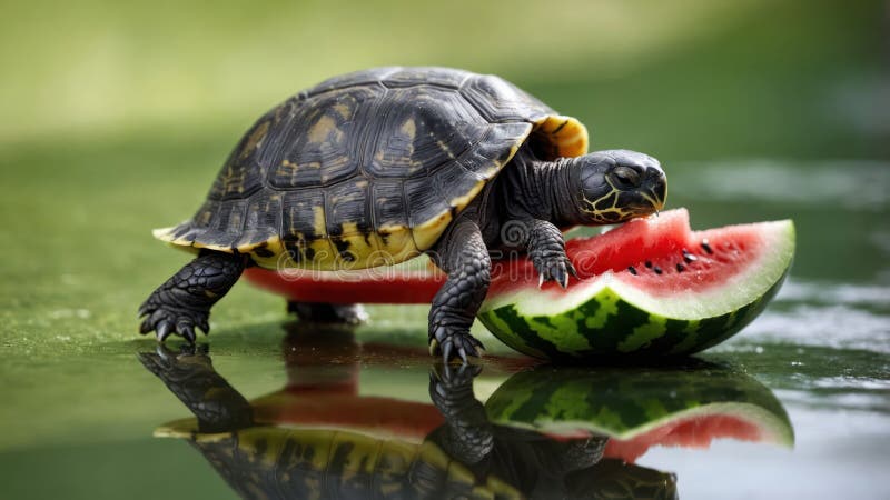A Turtle Enjoying a Slice of Watermelon on a Tranquil Water Surface ...