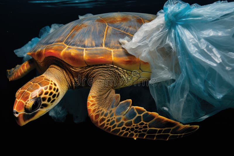 Sea Turtle Got Entangled Plastic Bag. Ocean Pollution. Great Pacific ...