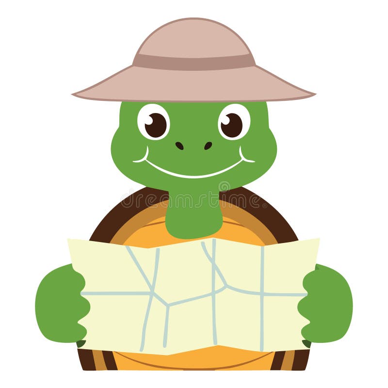 Turtle Explorer with Map. a Cartoon Turtle Wearing a Hat and Holding a ...