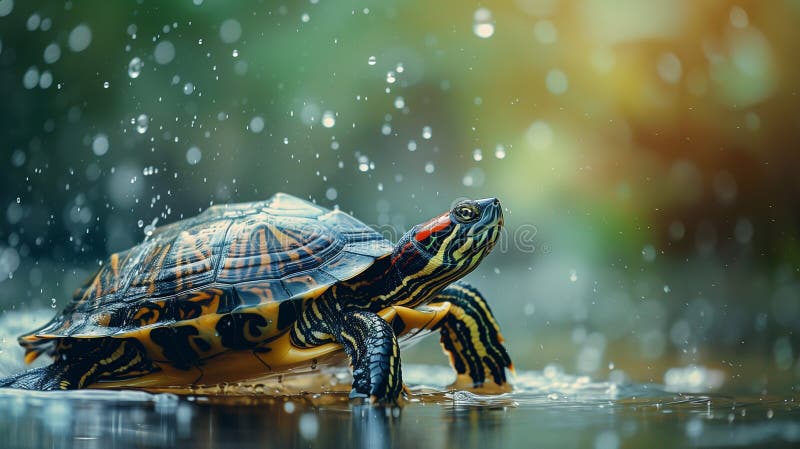 A Turtle Explores a Rain Soaked Environment, Surrounded by Splashing ...
