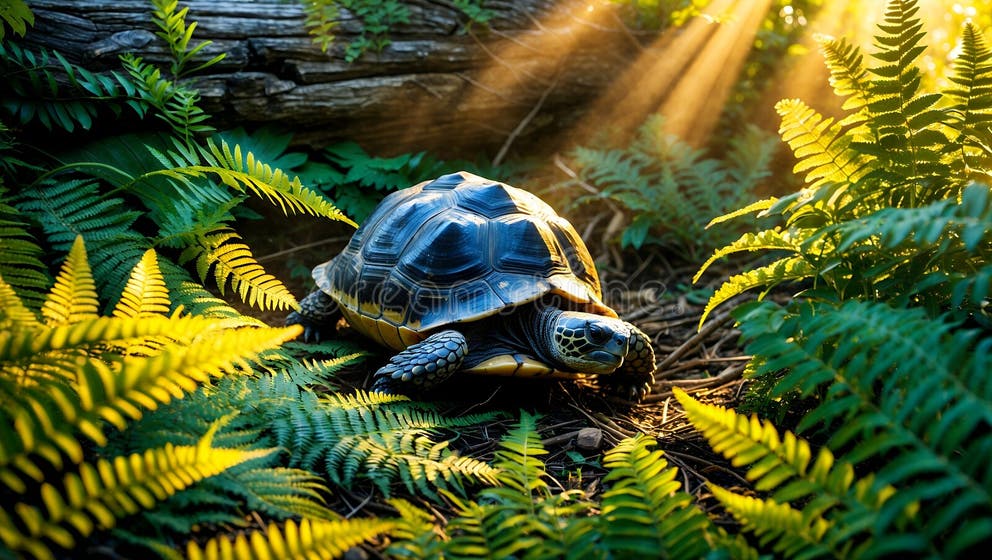 Majestic Tortoise in Sunlit Fern Forest Stock Illustration ...