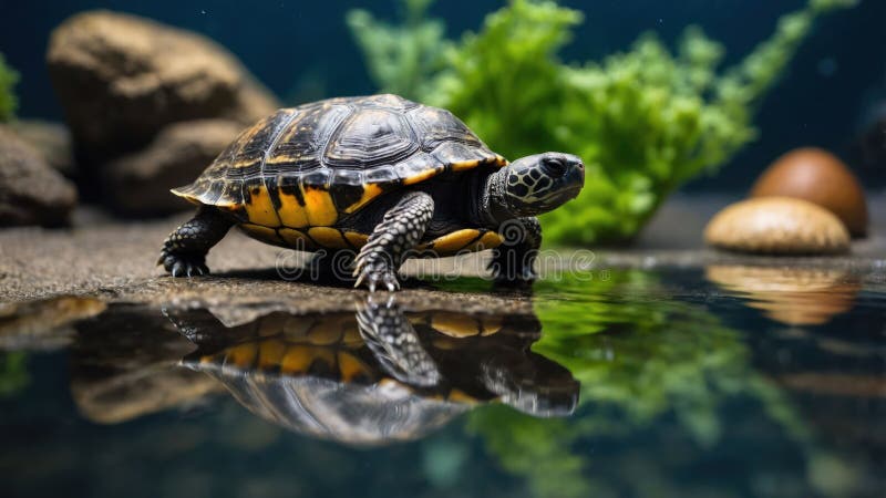 Yellow-bellied Slider Turtle Near Water Reflection Stock Illustration ...
