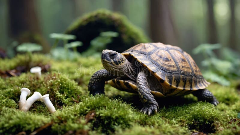 Adorable Baby Tortoise Crawling on Mossy Forest Floor Stock ...