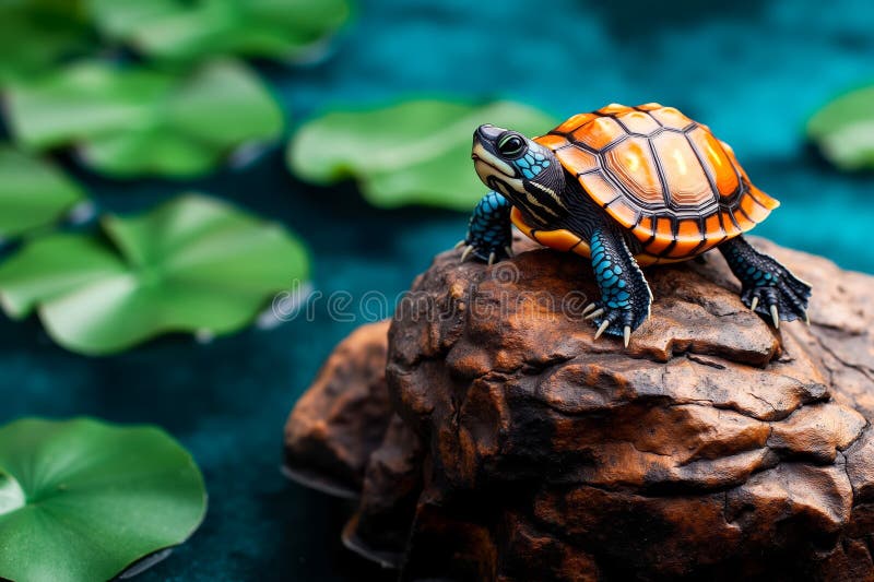 A Small Turtle Sitting on Top of a Rock Next To a Pond Stock ...