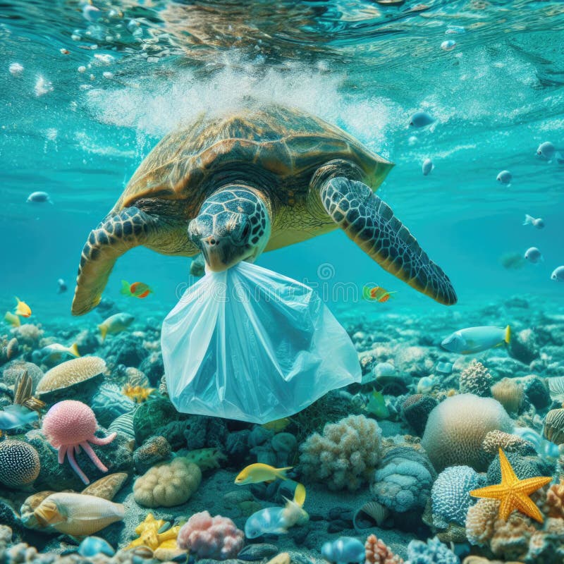 Turtle Finds Ocean Plastic Waste Stock Illustration - Illustration of ...