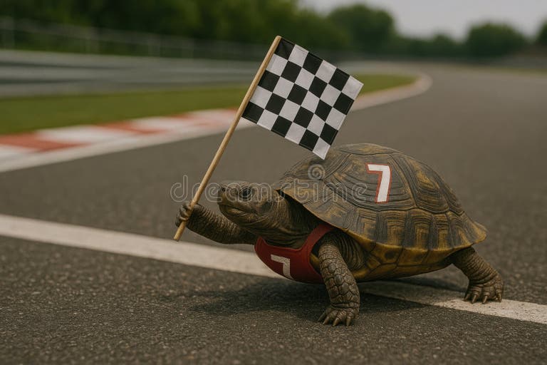 A Turtle with a Finish Flag on a Race Track. Stock Image - Image of ...