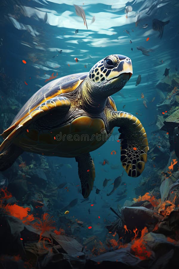 A Turtle Floating in the Ocean, Underwater Wildlife with Animals Stock ...