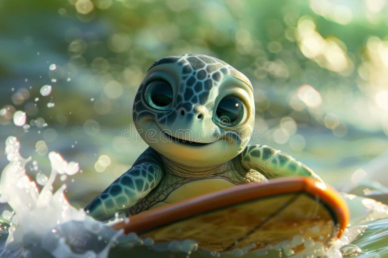 A Turtle Floating on a Surfboard Stock Illustration - Illustration of ...