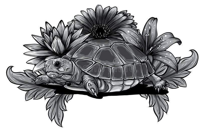 Monochromatic Turtle with Flower Designs Vector Illustration Art Stock ...