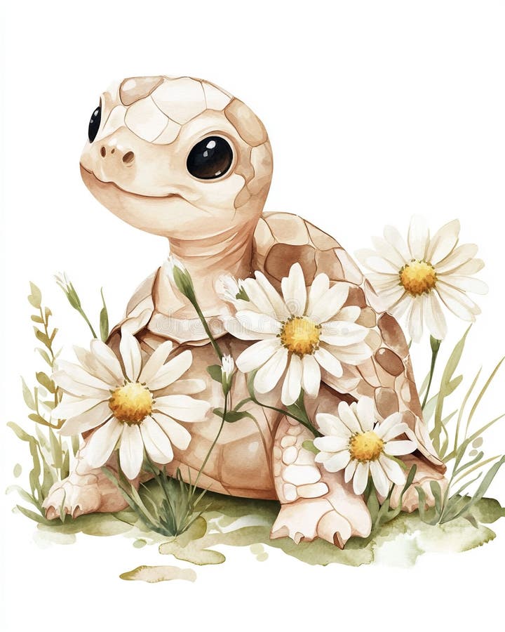 Turtle and Flowers Adorable Baby Tortoise among Wild Daisies Stock ...
