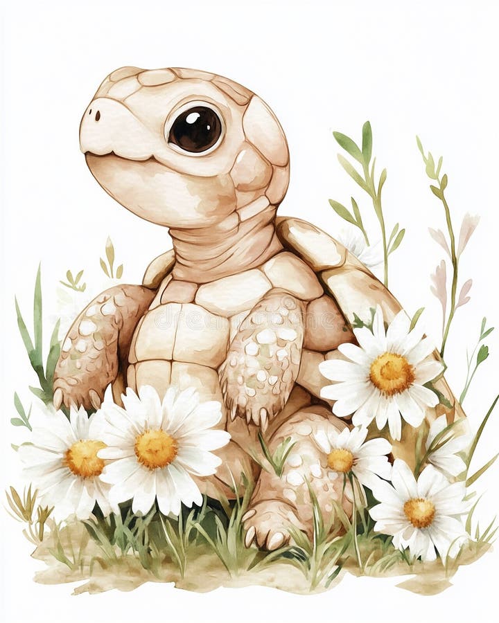Turtle and Flowers Adorable Baby Tortoise among Wild Daisies Stock ...