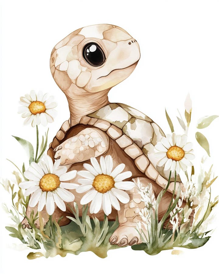 Turtle and Flowers Adorable Baby Tortoise among Wild Daisies Stock ...