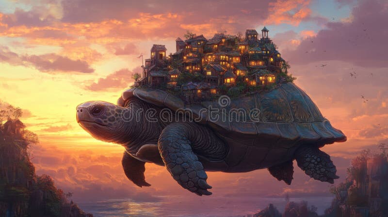 Turtle Flying Above a Cityscape while Riding on the Back of Another ...