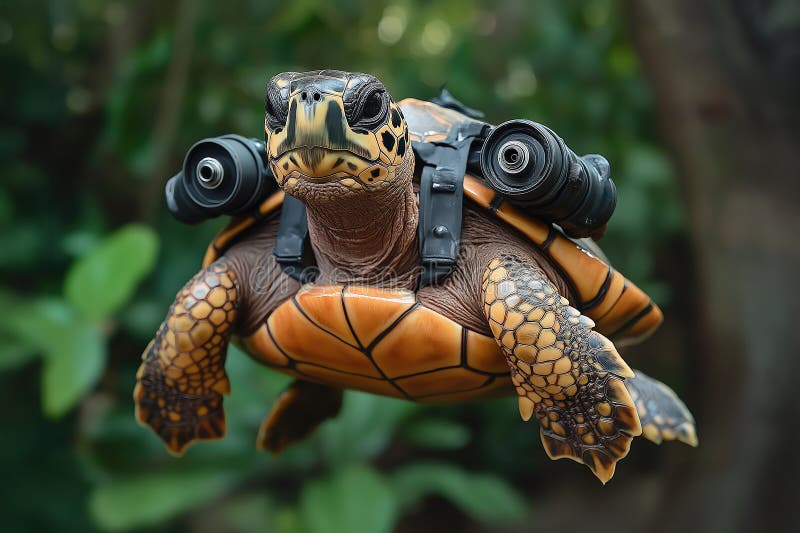 Turtle Flying with Jetpack Exploring Tropical Forest Stock Illustration ...