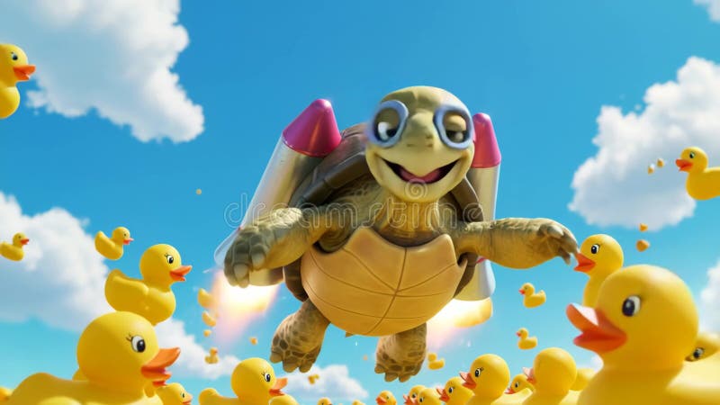 Turtle Flying with Rocket through Rubber Ducks on Blue Sky Stock Video ...