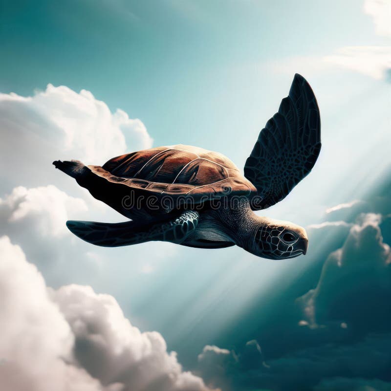 A Turtle is Flying in the Sky Above the Clouds.Generative AI Stock ...