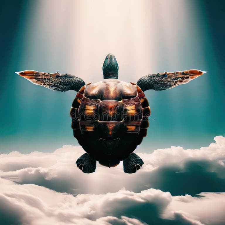 A Turtle is Flying in the Sky Above the Clouds.Generative AI Stock ...
