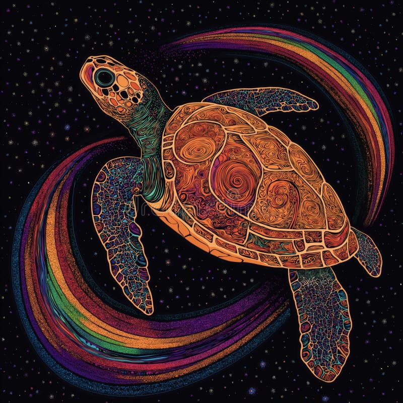Colorful Turtle Swims through Space with Vibrant Rainbow Trails ...