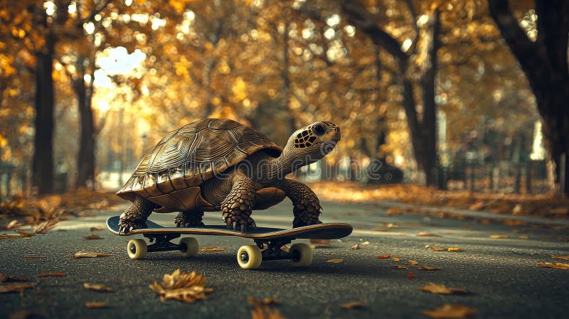 A Turtle Glides on a Skateboard Along a Road, Surrounded by Fall ...