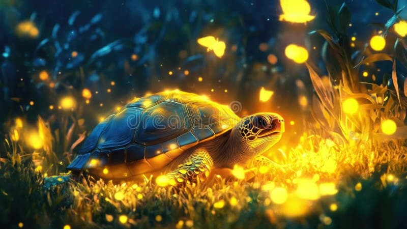 A Turtle with a Glowing Shell Surrounded by Glowing Orbs in a Field of ...