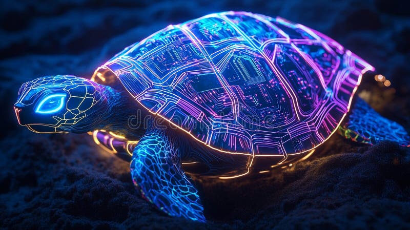 Turtle Glows with Neon Patterns in a Vibrant Underwater Environment at ...