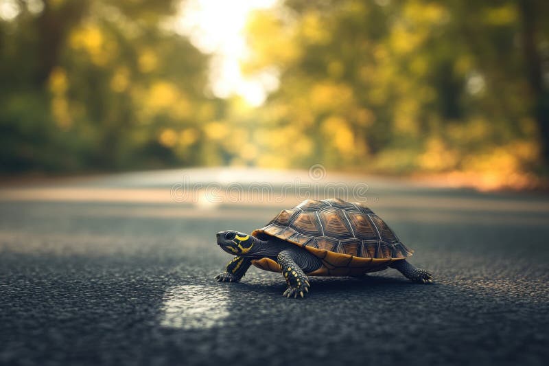 A Turtle Gradually Crossing a Peaceful Road Surrounded by Trees in a ...