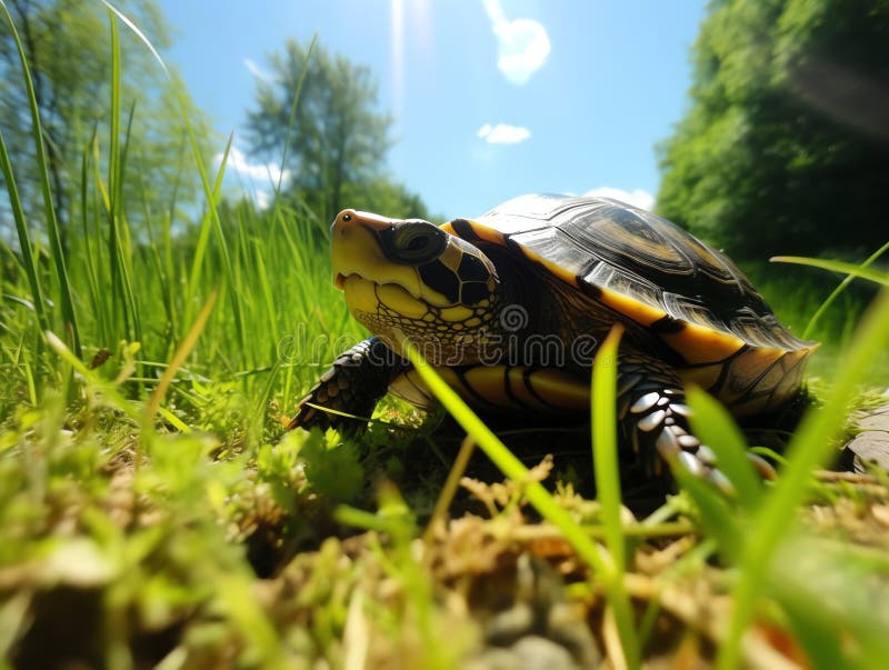 Turtle in the Grass on a Background of Blue Sky and Sun. Made with ...